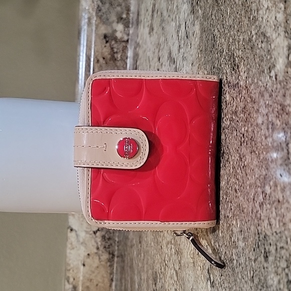 Bags | Coach Red Patent Leather Logo Embossed Quilted Bifold Wallet ...